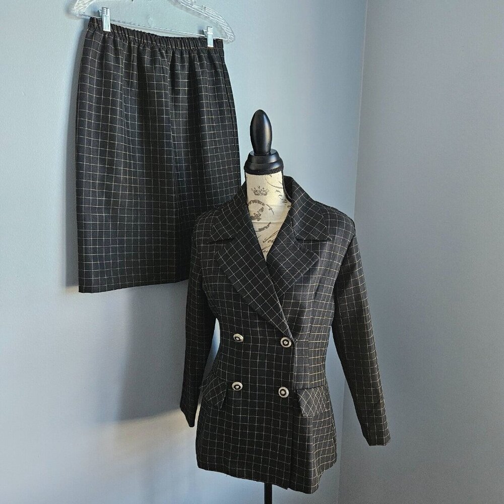 Vintage Matthew & David Checkered Skirt Suit Sz 10 Bl… - Gem